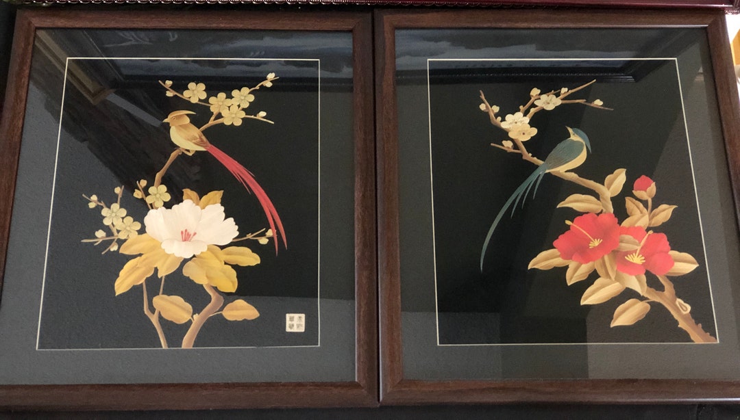 Vintage Framed Pressed Reed Art, Set of 2, Birds and Flowers Picture ...