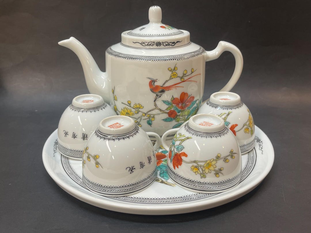 Chinese Vintage Tea Set, Flowers & Bird, Set of 6, Hand Painted Teapot ...
