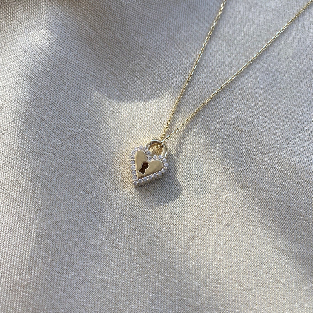 Lock Gold Necklace, 14K Solid Gold Heart Pendant, Padlock Gold Necklace ...