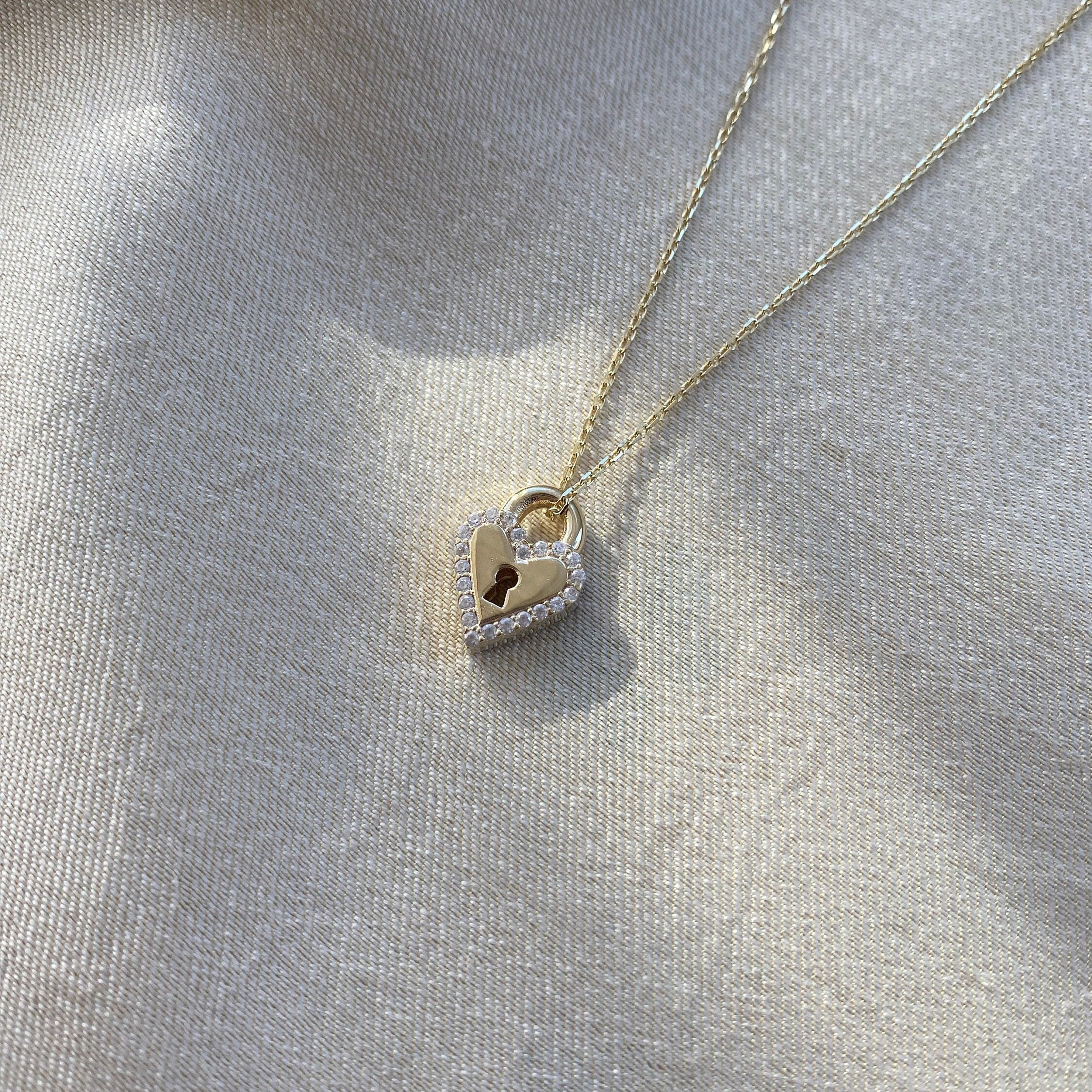 Lock Gold Necklace, 14K Solid Gold Heart Pendant, Padlock Gold Necklace ...