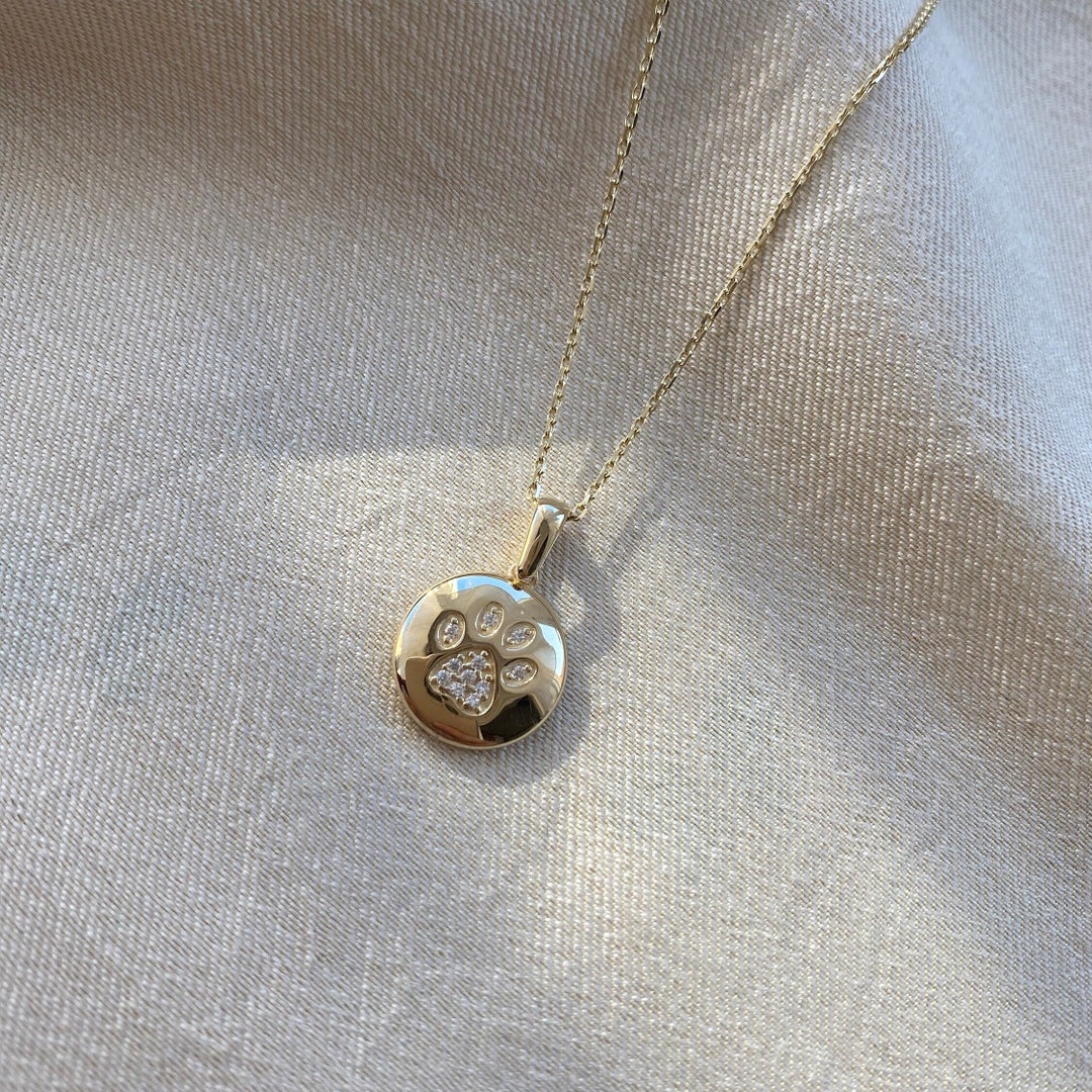 Paw Gold Necklace, 14K Solid Gold Animal Pendant, Dog Paw Pendant, Cat ...