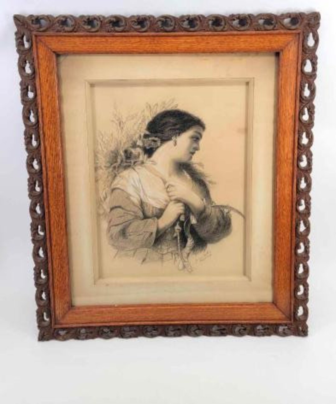 Charming Antique Original Charcoal Pen Portrait Sketch of a Woman ...