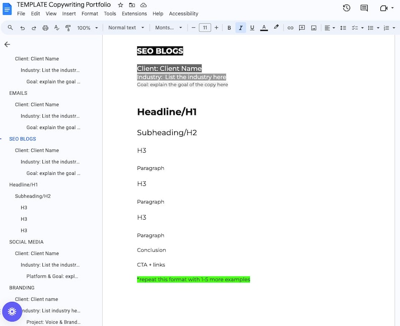 Google Doc Portfolio Template for Copywriters - Etsy