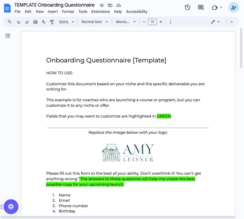 Onboarding Questionnaire Template for Copywriters - Etsy