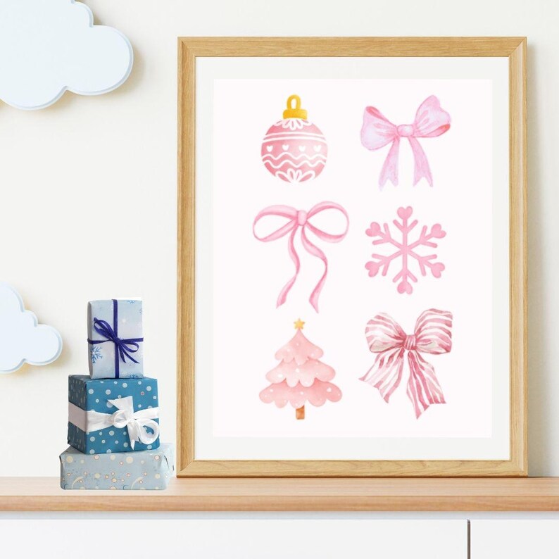 Coquette Pink Christmas Wall Art, Pastel Christmas Wall Art, Pink Bows ...