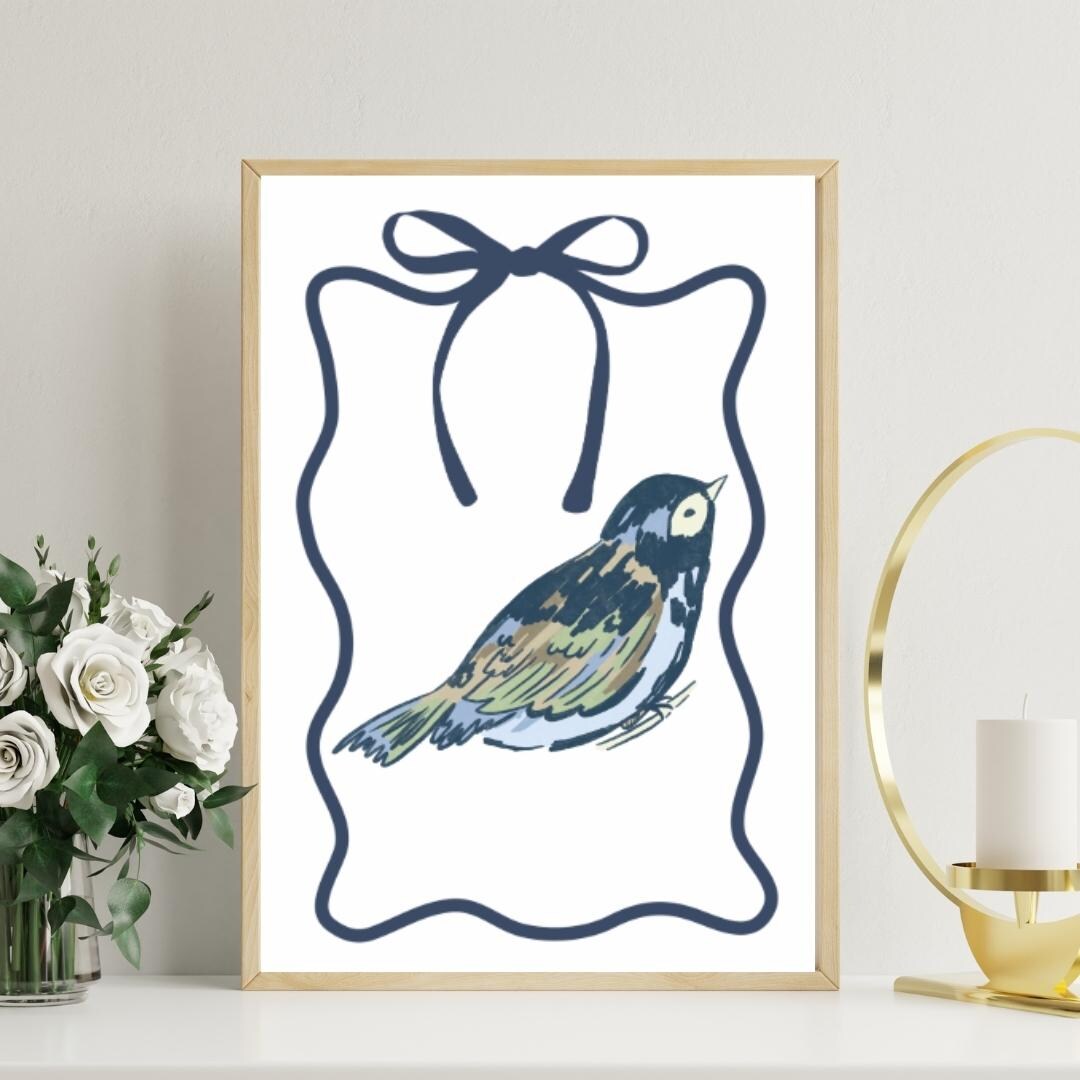 Blue Chinoiserie Bird With Ribbon and Bow Wall Art, Ribbon and Bow ...