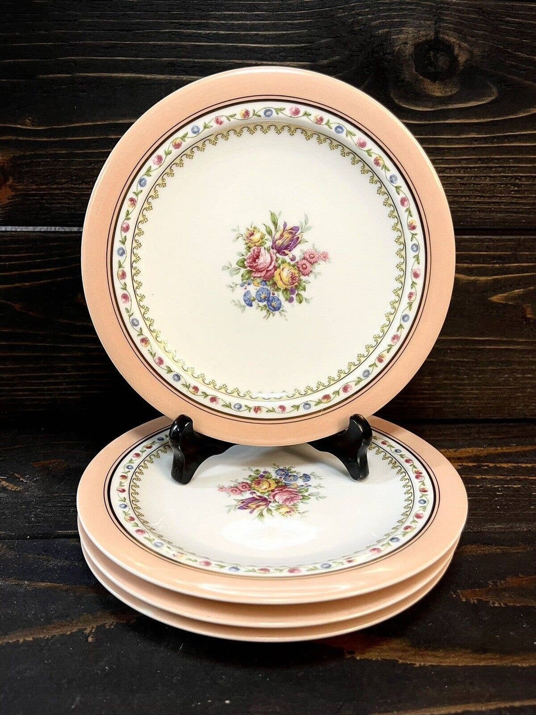 Raynaud Limoges France Salad Plates 7 5/8 Set of 4 Pink Rim Bouquet ...