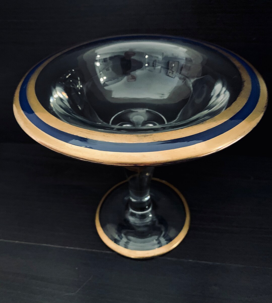 Heisey Clear Glass Compote Cobalt Blue and Gold Banded Rim 6 1/4” Tall ...