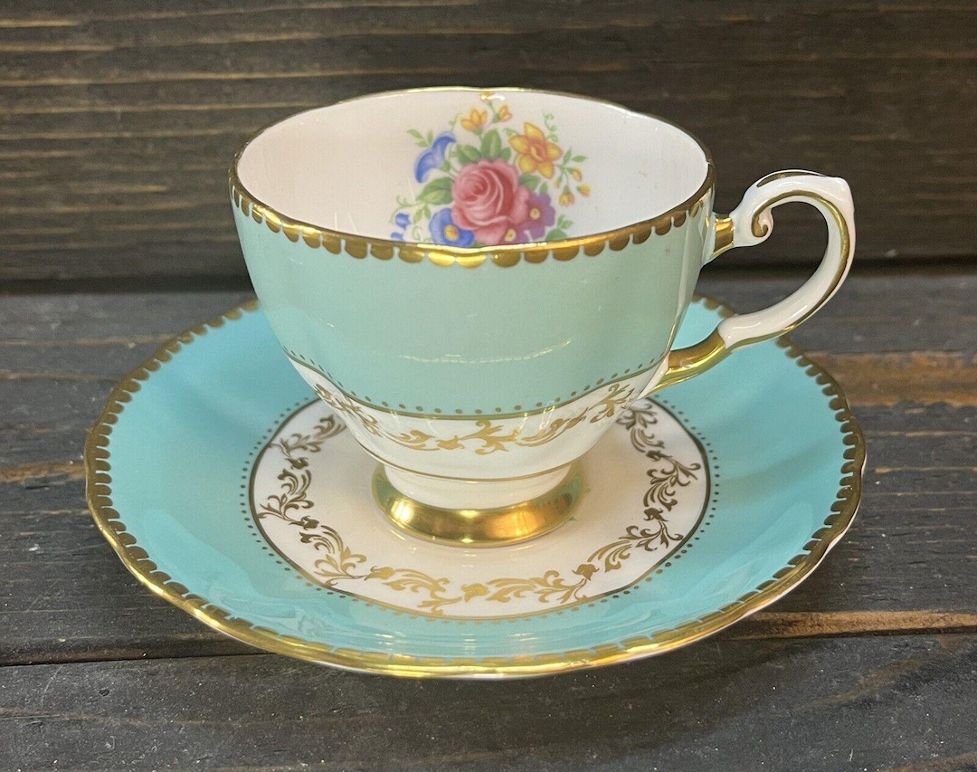 Tuscan Bone China Demitasse Cup & Saucer Turquoise and Gold Flower ...