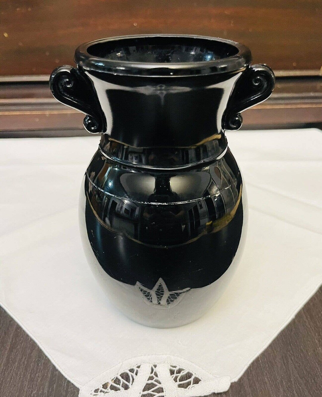 LE Smith Black Depression Amethyst Glass Vase W/ (faded) Silver Bands ...