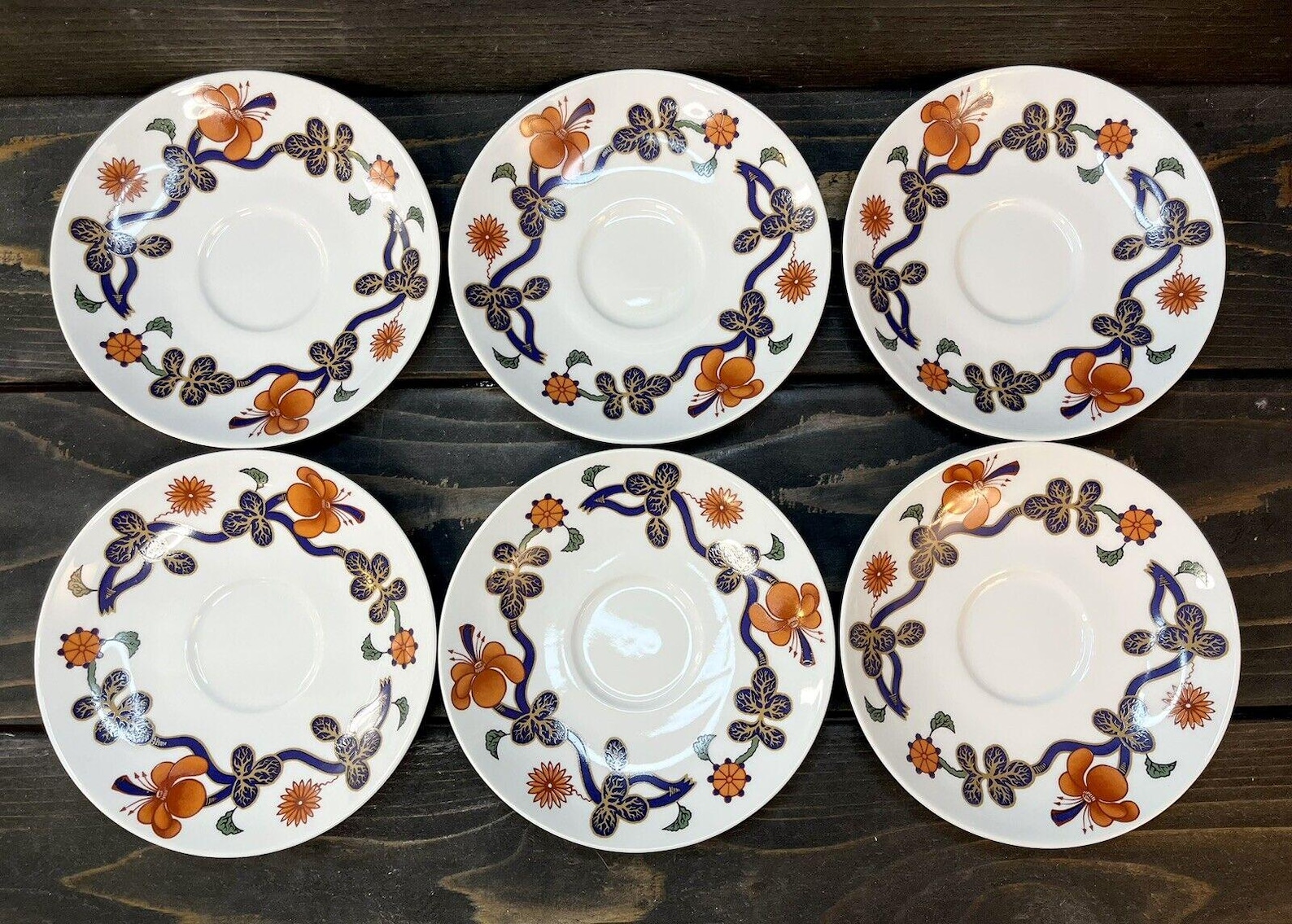 Royal Worcester Grainger Imari Teacup Cups & Saucers Blue Orange Set of ...