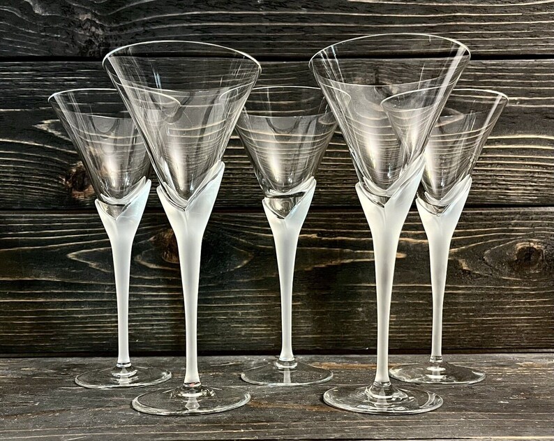 Frosted Flower Stem Wine Glasses 8 1/2 Tall Set of 5 Flared Trumpet ...