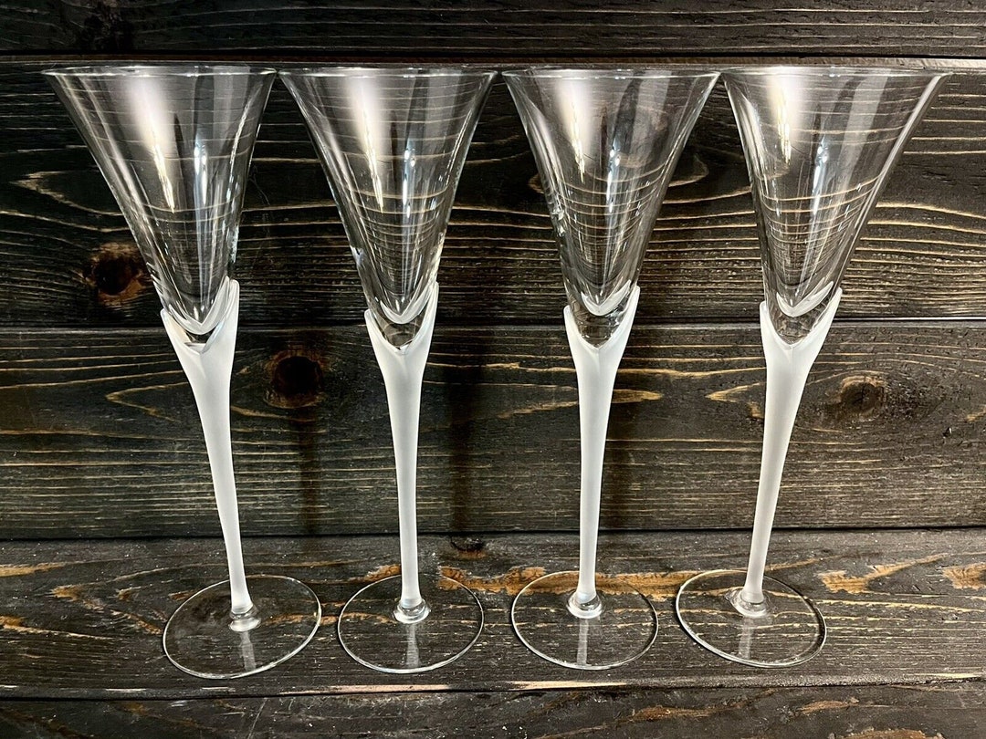 Frosted Flower Stem Champagne Glasses 11” Tall Set of 4 Flared Trumpet ...