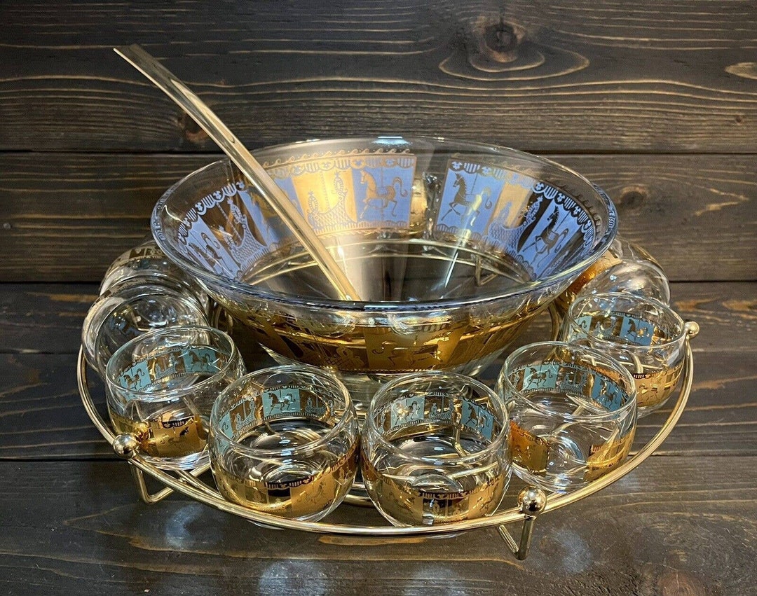 Mid-century Colony Glass Carousel Horse Punch Bowl Set Gold Blue 16 ...