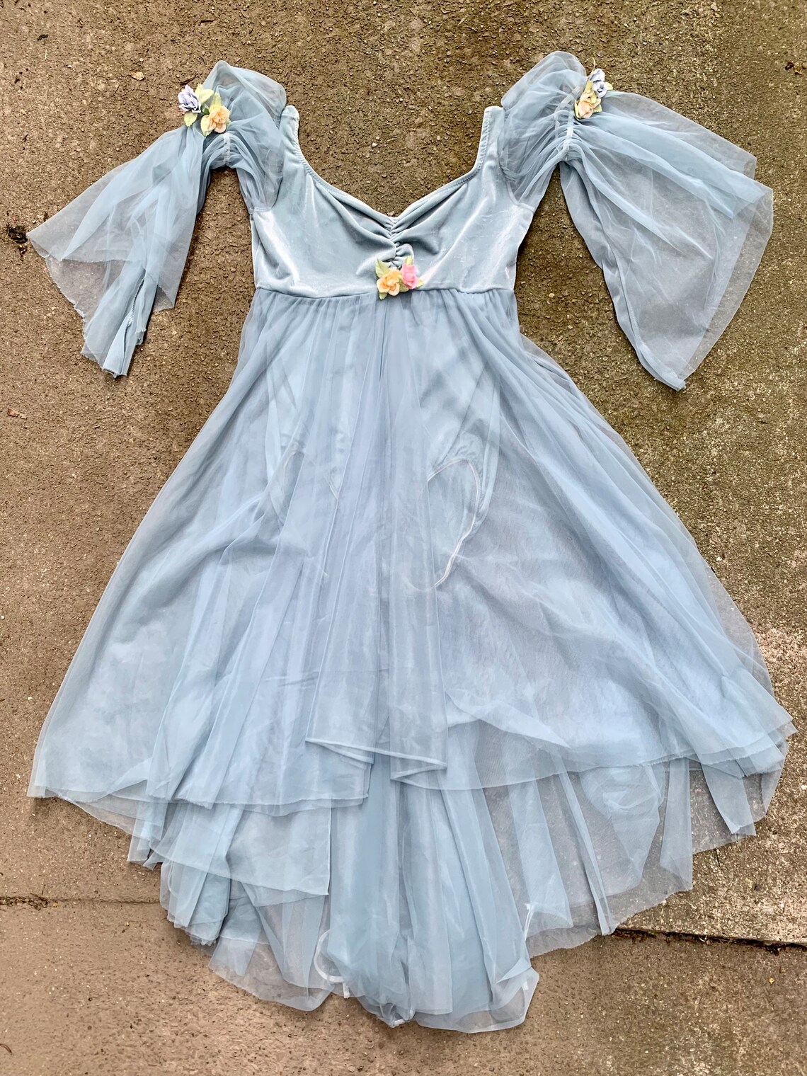 Ethereal Light Blue Dress With Sheer Sleeves and Floral Appliqué ...