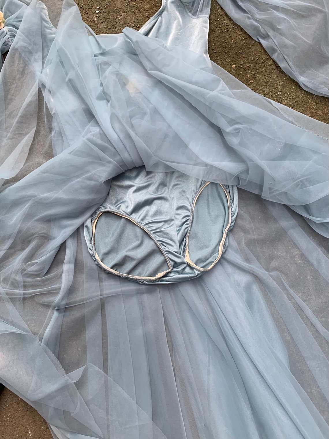 Ethereal Light Blue Dress With Sheer Sleeves and Floral Appliqué ...