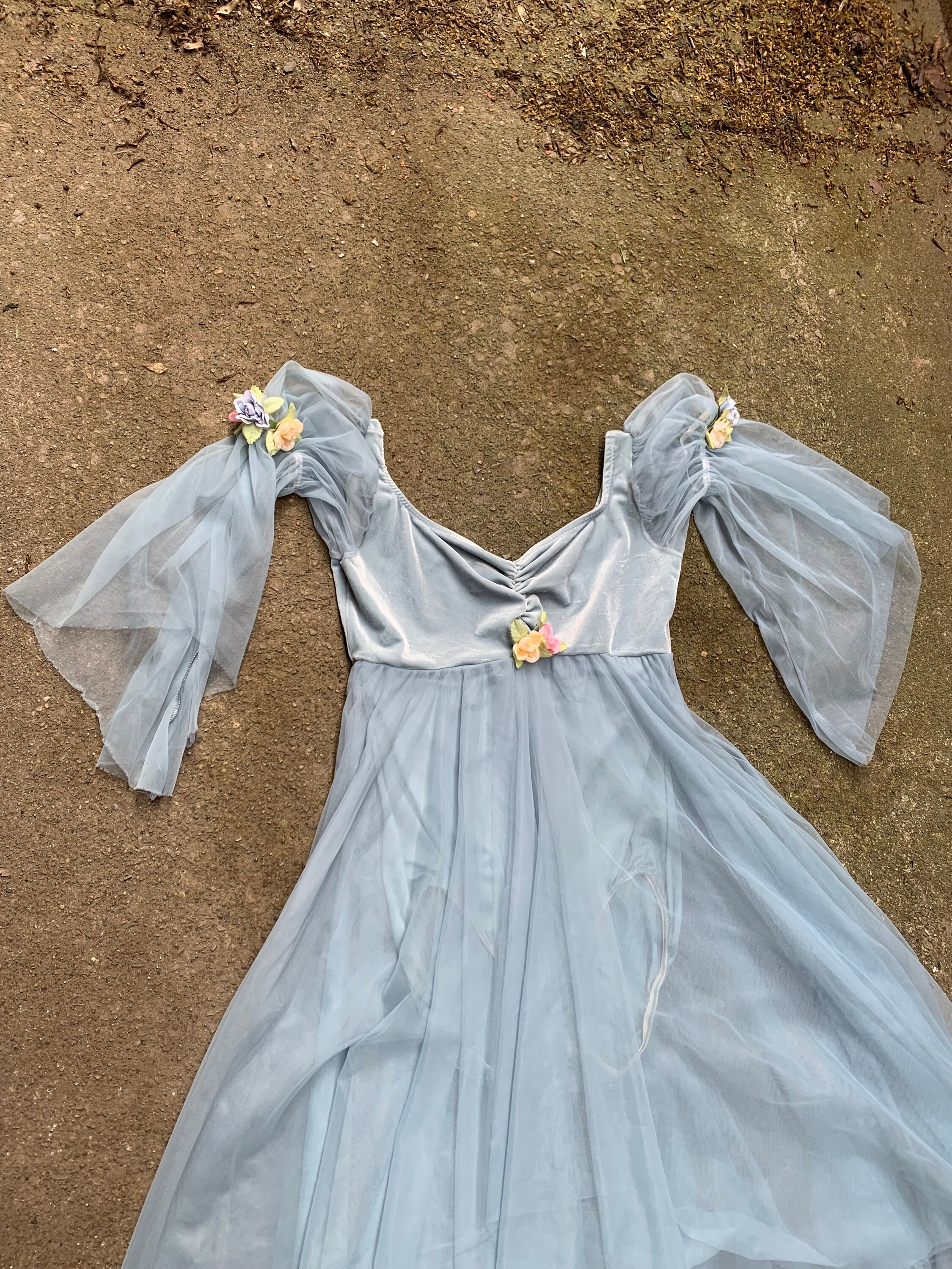 Ethereal Light Blue Dress With Sheer Sleeves and Floral Appliqué ...