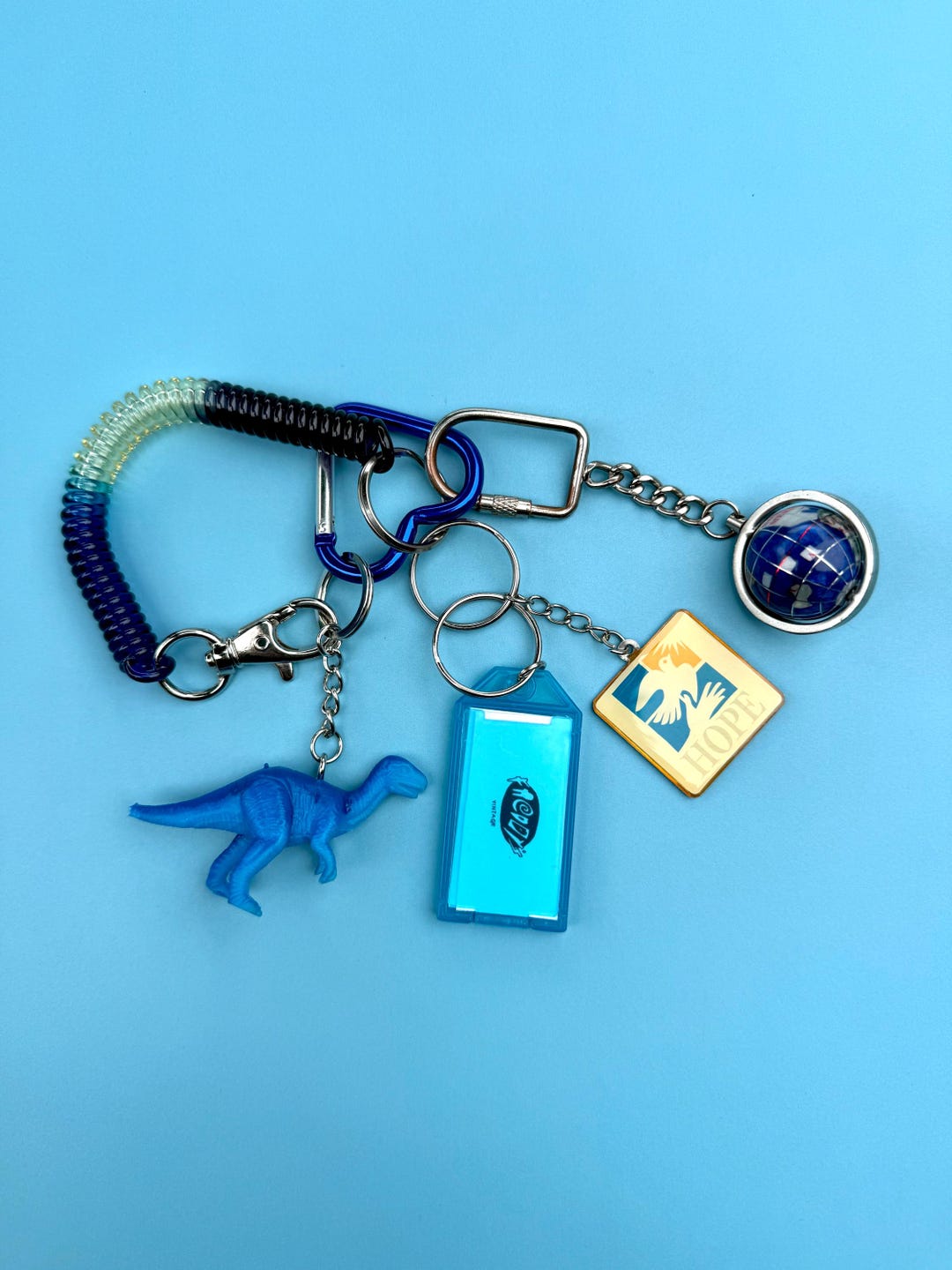Dinosaur Keychain Set | Blue Dinosaur Charm | Spinning Globe | HOPE Tag ...