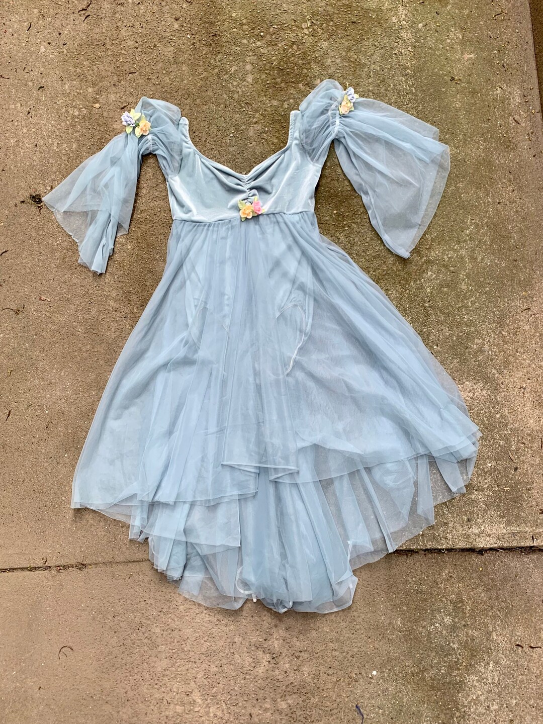 Ethereal Light Blue Dress With Sheer Sleeves and Floral Appliqué ...