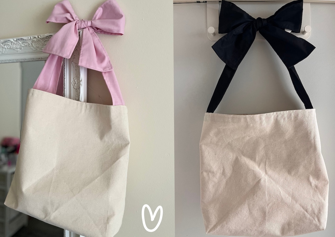 Canvas Pink Bow Tote Bag Shoulder Bag Handmade Pink Bag Book Bag Bag ...