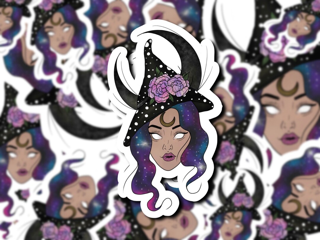 Witch Sticker, Hand Drawn Sticker, Galaxy Witch, Crescent Moon Witch ...