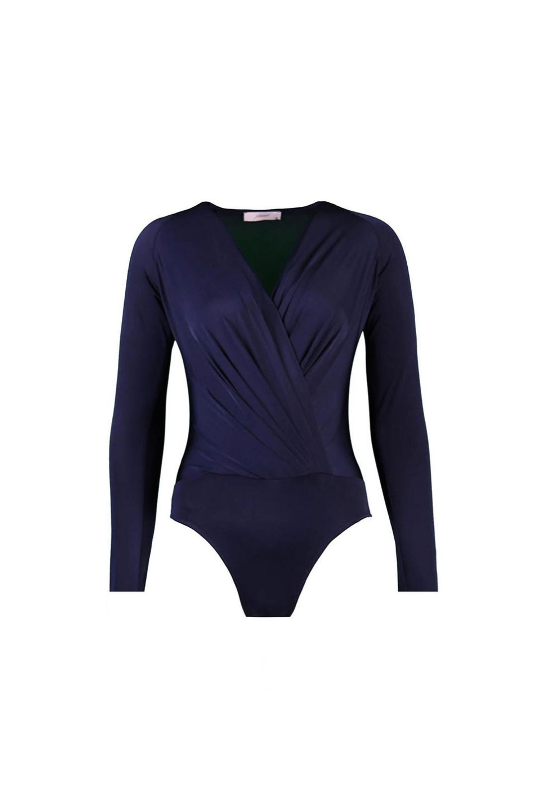 Navy Blue Long Sleeve Bodysuit: Fitted Handmade Blouse, Everyday Woman ...