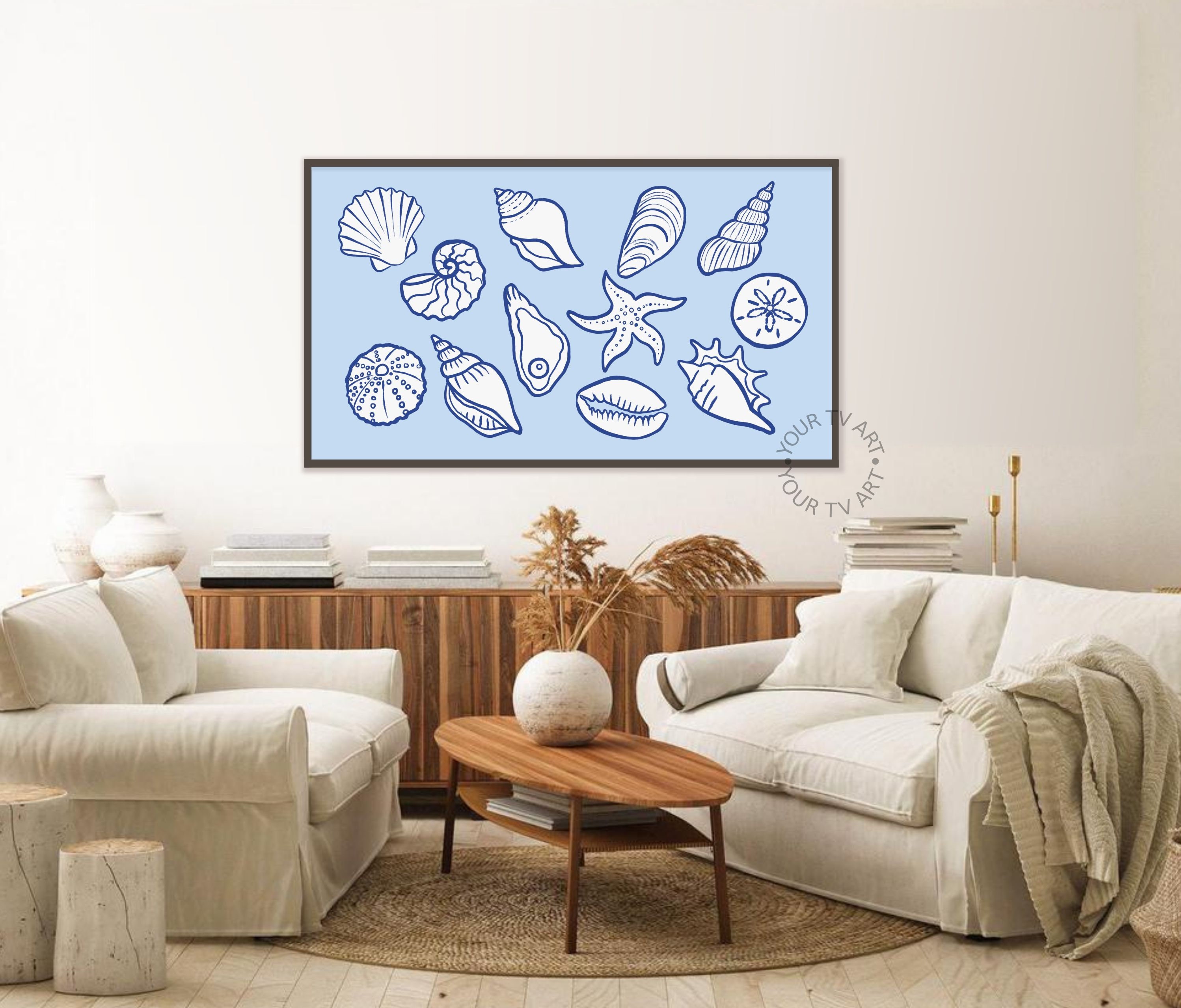 Samsung Frame TV Art Coastal, Sea Shells Sketch, Blue White Nautical ...