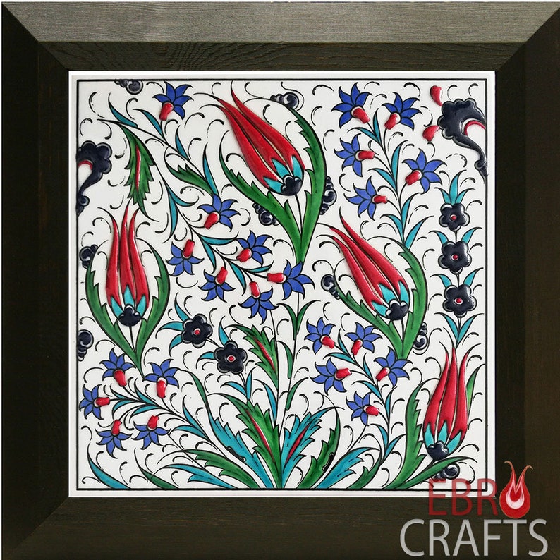 11'' Turkish Iznik Ceramic Tile With Frame Tulip - Etsy