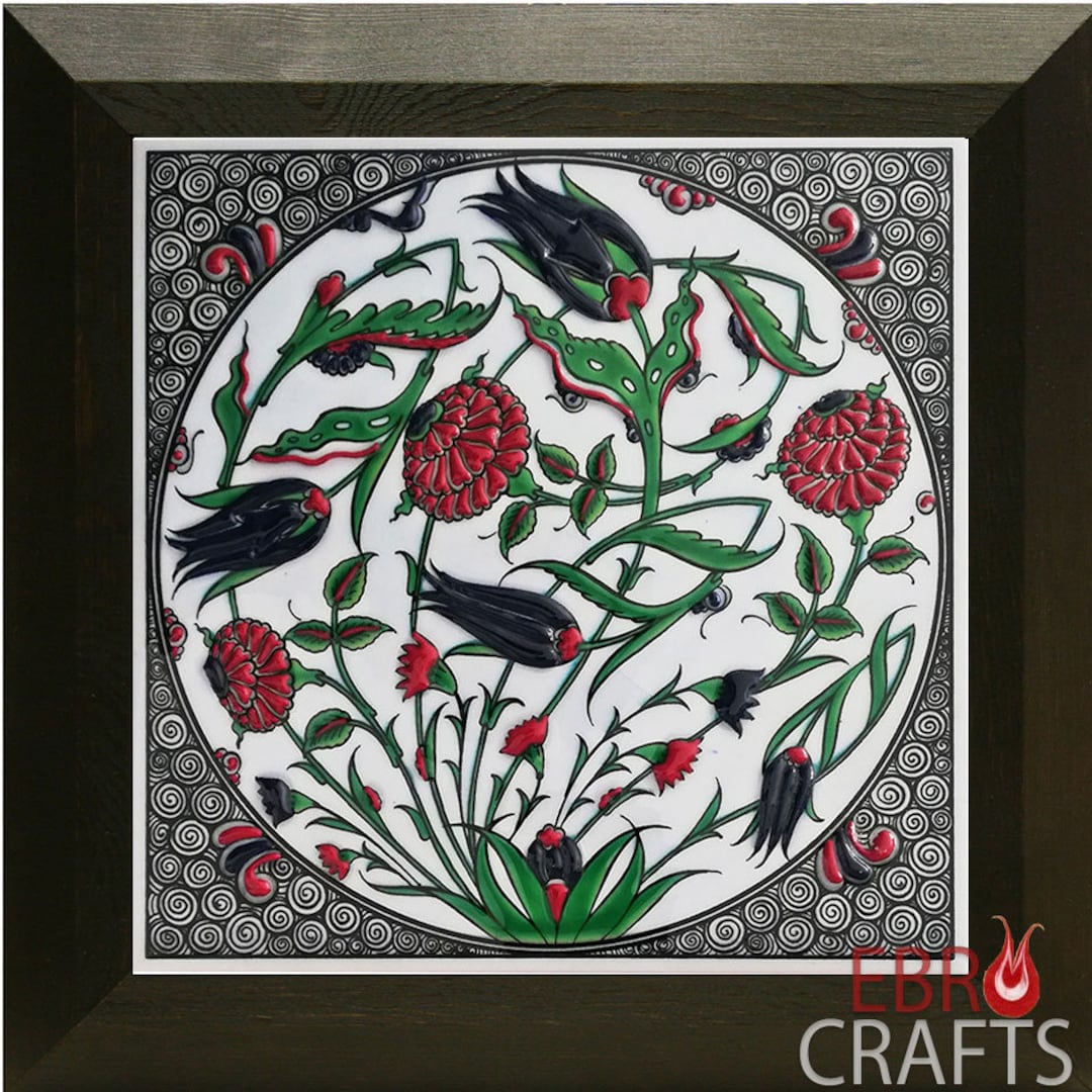 11'' Turkish Iznik Ceramic Tile With Frame carnation and Tulip wall ...