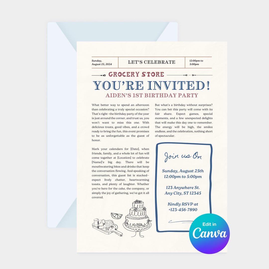 Grocery Store Newspaper Themed Party Invitation (digital Download Canva ...
