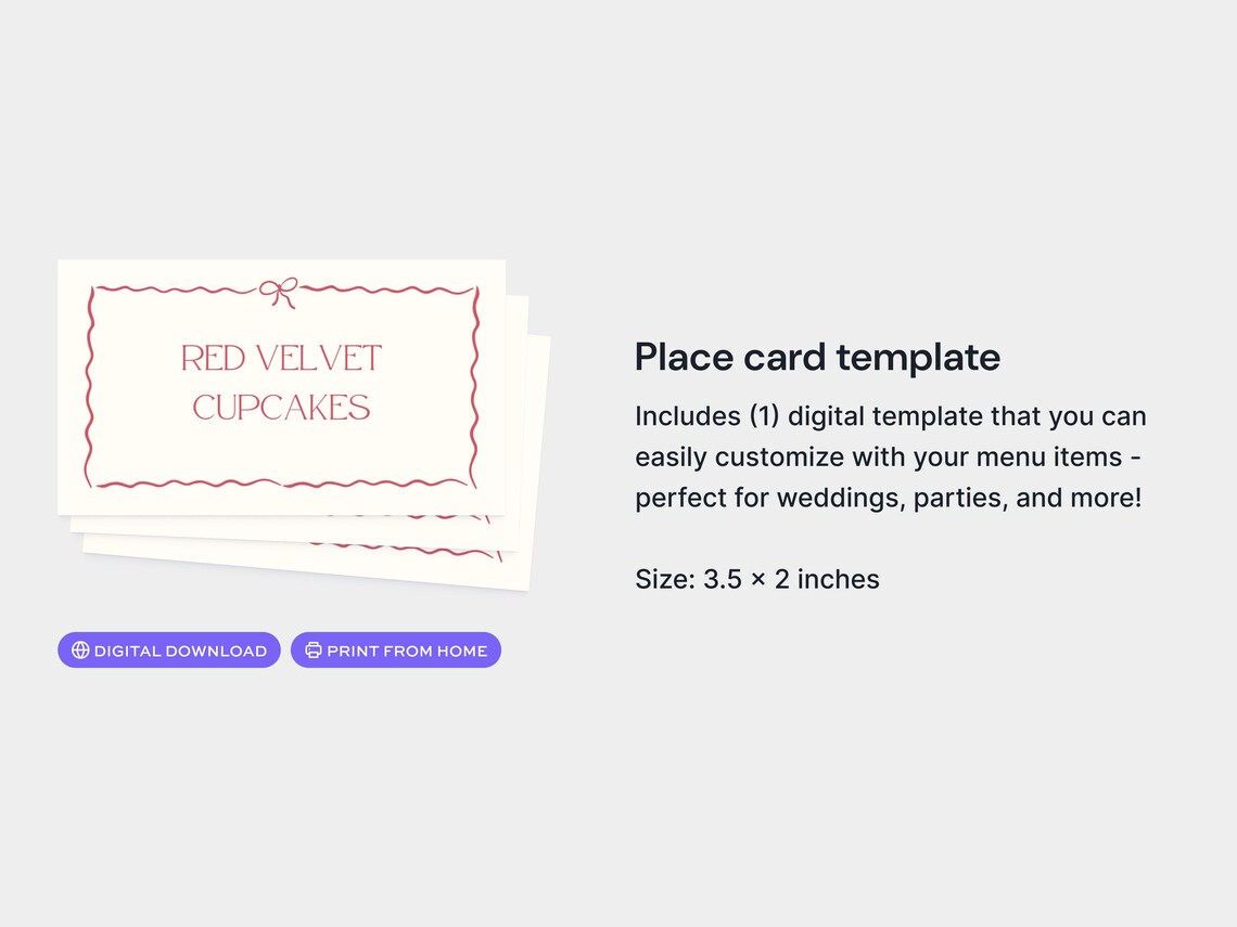Cute Coquette Menu Place Card Template 3.5 X 2 Inches, Wedding ...