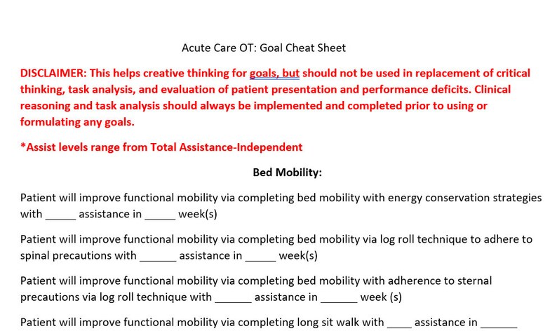 Acute Care Occupational Therapy Goal Cheat Sheet - Etsy