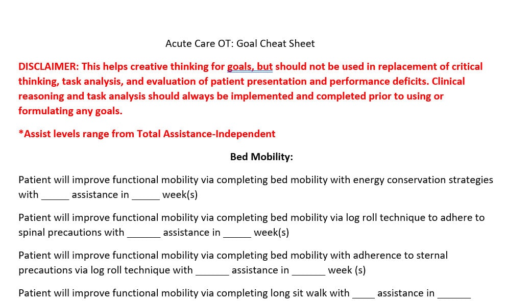 Acute Care Occupational Therapy Goal Cheat Sheet - Etsy
