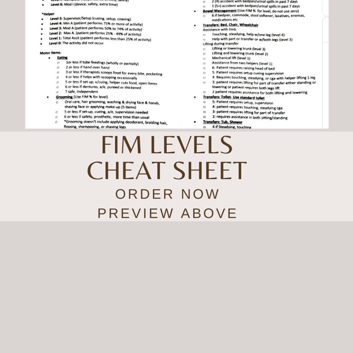 FIM Levels Cheat Sheet for Pt's and Ot's - Etsy