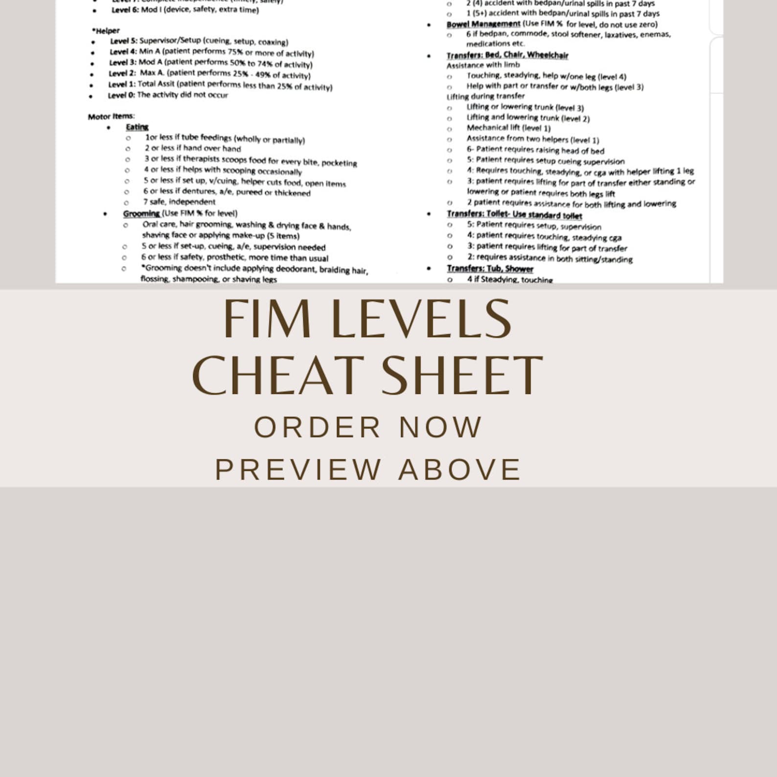 FIM Levels Cheat Sheet for Pt's and Ot's - Etsy