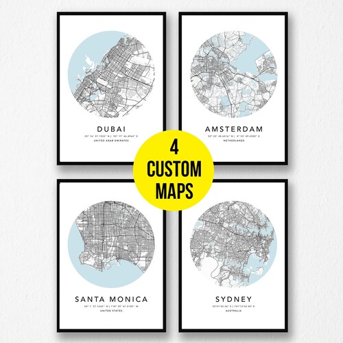 Personalized Set of 4 Any City Map Prints Custom Locations - Etsy