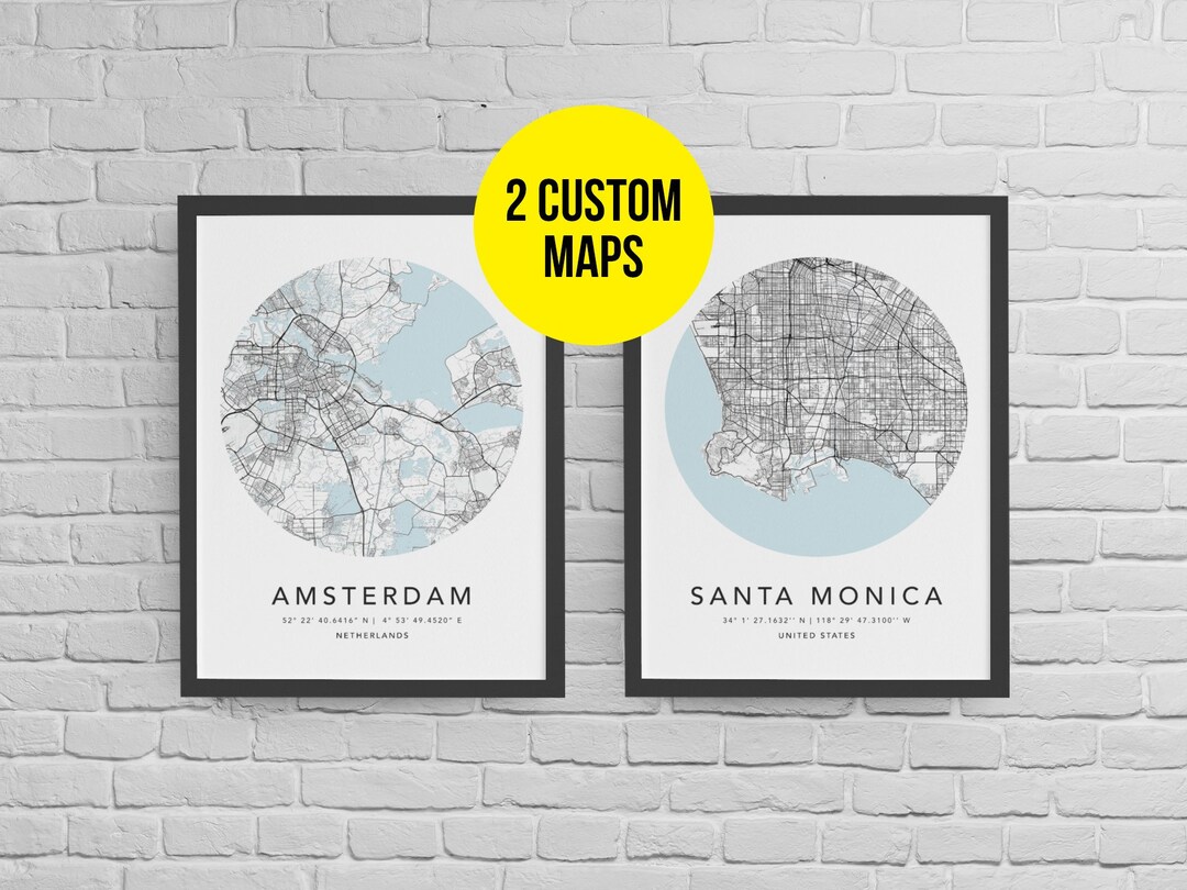 Personalized Set of 2 Any City Map Prints Custom Locations Home Town ...
