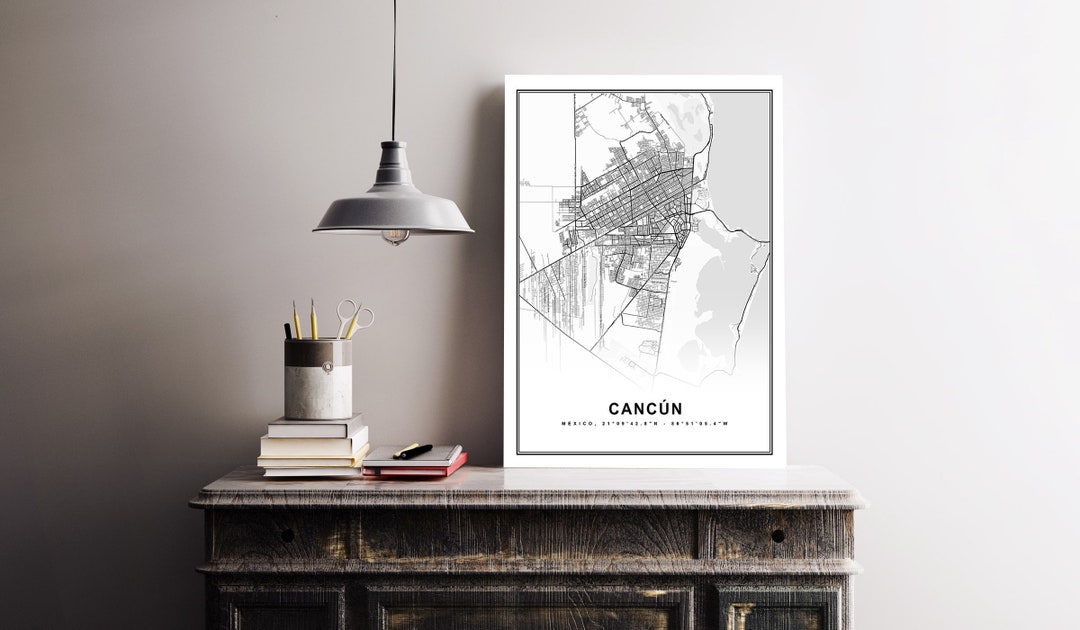 Cancún Map Print Framed Canvas Wall Art Poster Mexico Map Prints With ...