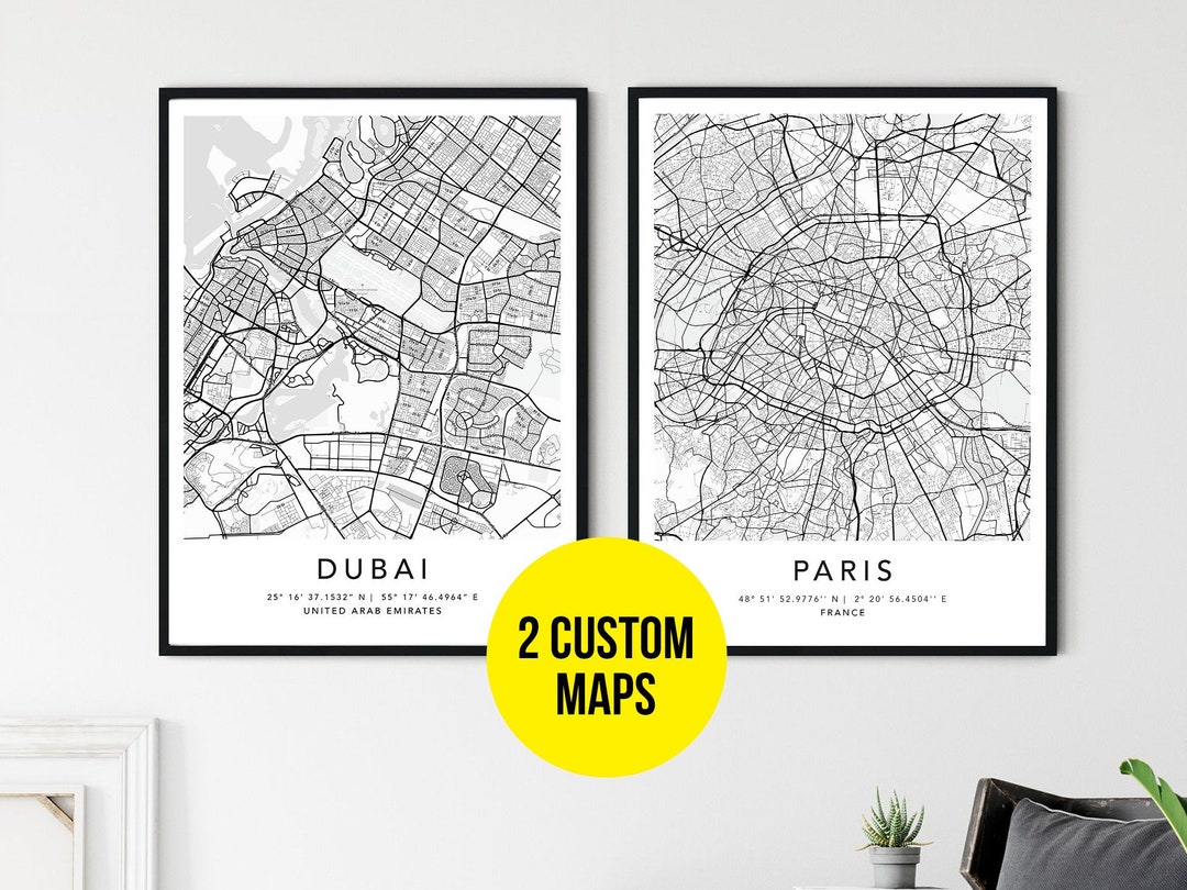 Personalized Set of 2 Any City Map Prints Custom Locations Home Town ...
