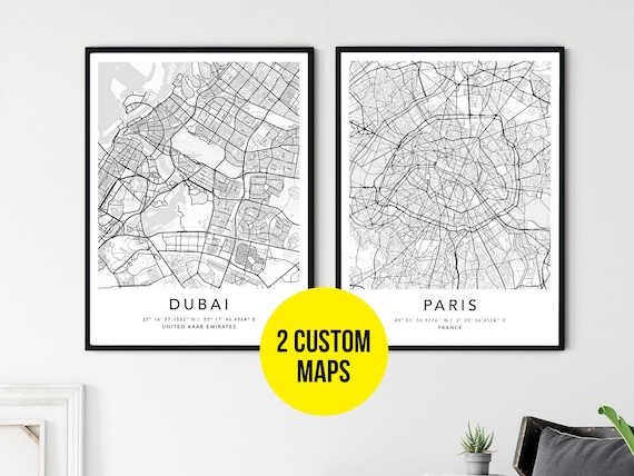 Personalized Set of 2 Any City Map Prints Custom Locations - Etsy