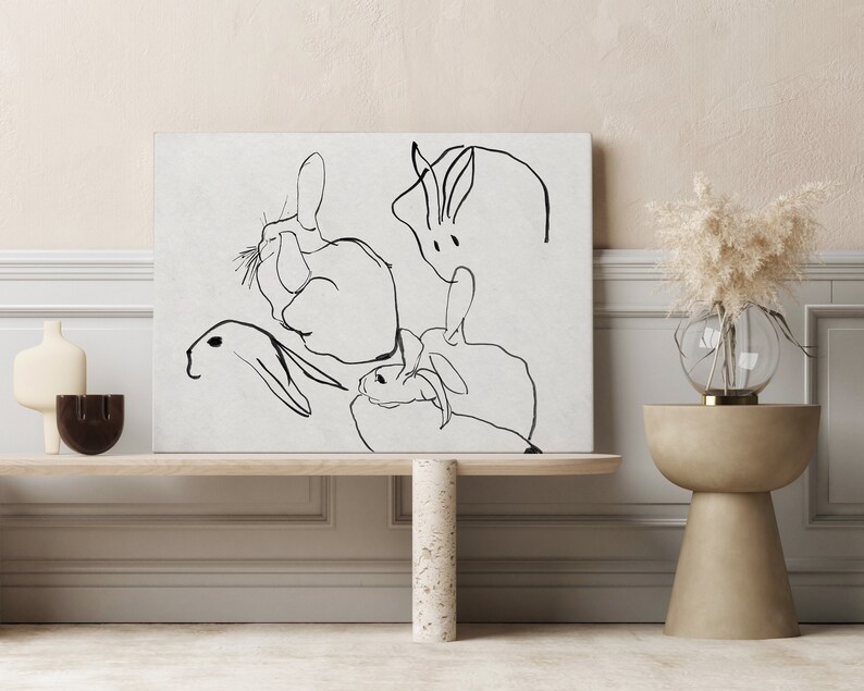 Rabbits Line Art Sketch Wall Art Vintage Animal Drawing Pencil Canvas ...
