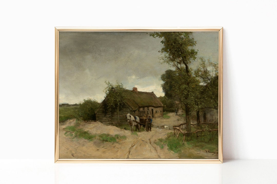 Vintage Countryside Farmhouse Farmer Landscape Painting Old Cabin Retro ...