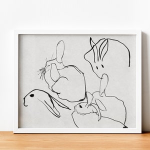 Rabbits Line Art Sketch Wall Art Vintage Animal Drawing Pencil Canvas ...