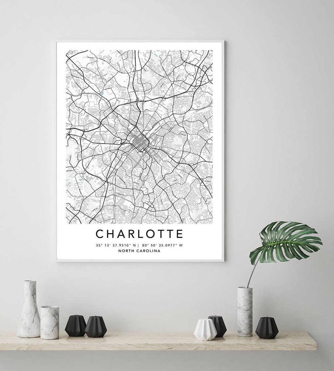 Charlotte Map Print Framed Canvas Wall Art Poster United States City ...