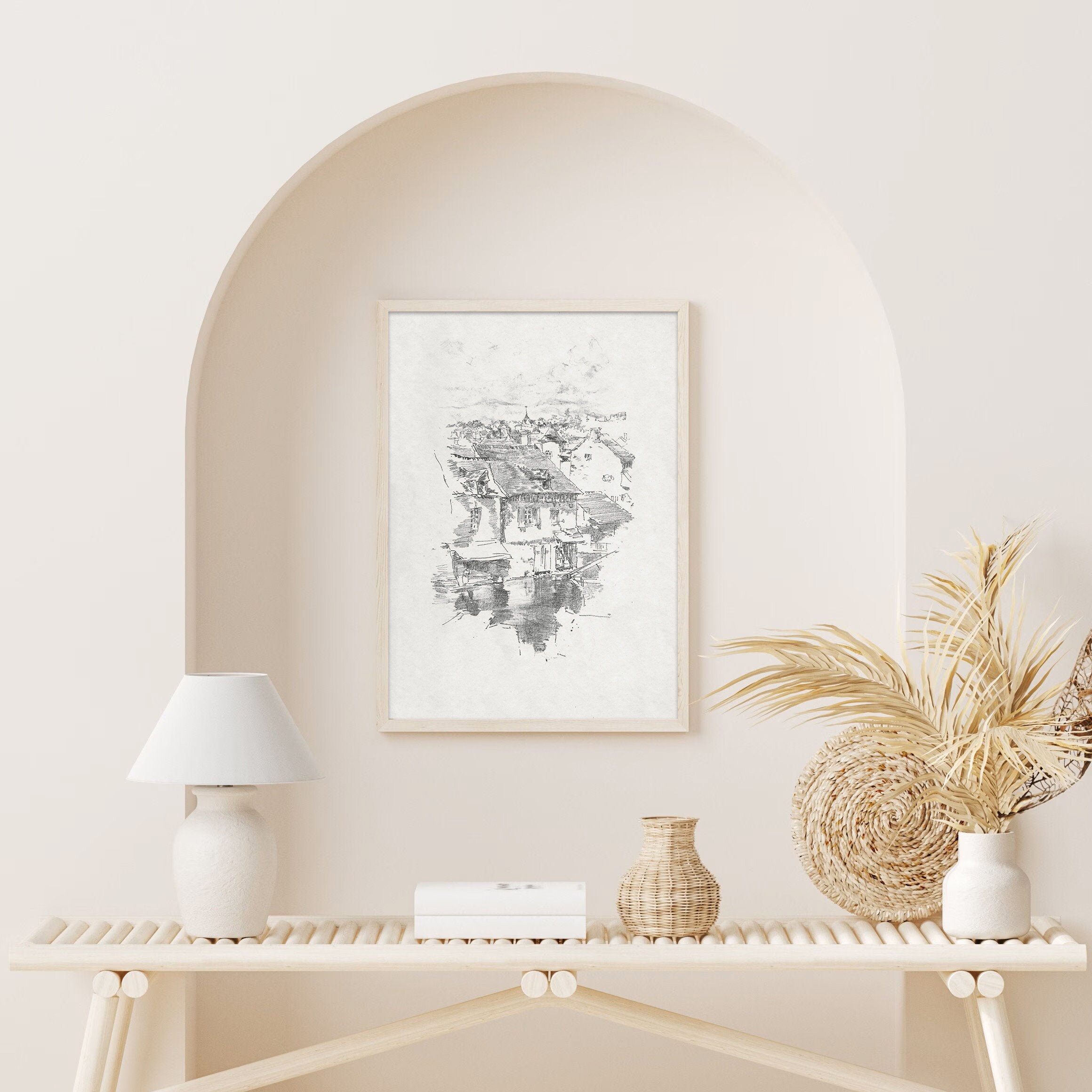 Vintage Architecture Sketch Pencil Graphite Building Drawing Print ...