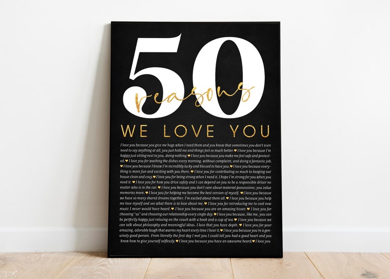 50 Reasons Why We Love You Poster Frame Personalized 50th - Etsy