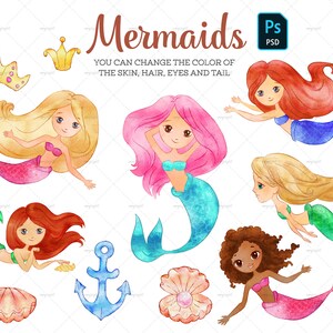 Little Mermaid Clipart Watercolor for Kids Clip Art Underwater Clipart ...