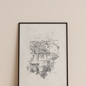 Vintage Architecture Sketch Pencil Graphite Building Drawing Print ...