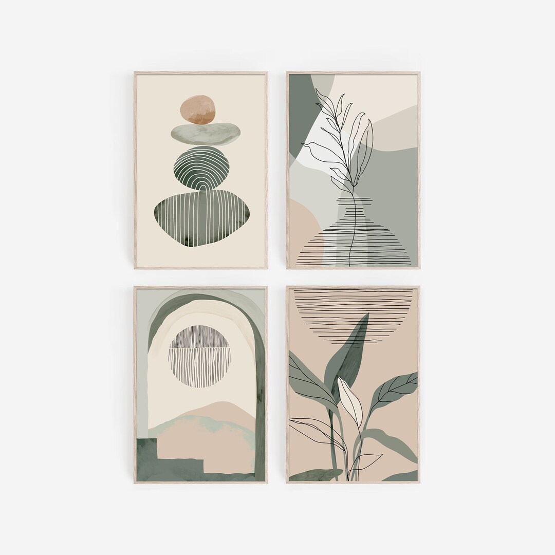 Boho Foliage Set of 4 Abstract Geometric Botanical Beige Sage Cream ...