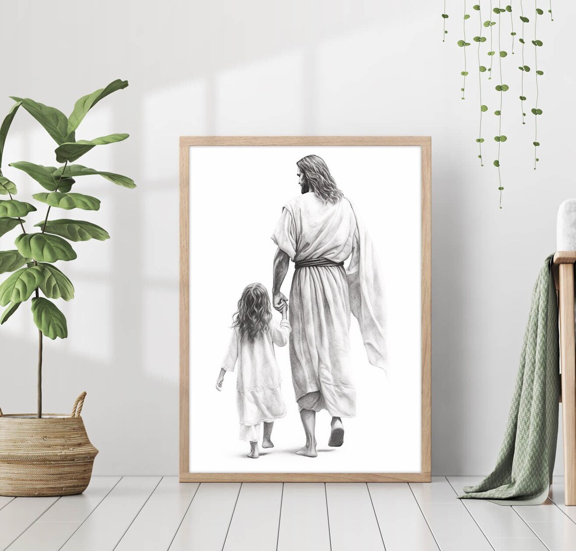 Jesus Christ Girl Child Kid Pencil Drawing Painting Print Wall Art Gift ...